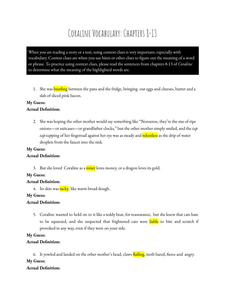 Coraline Vocabulary Guide: Chapters 8-13 | PDF