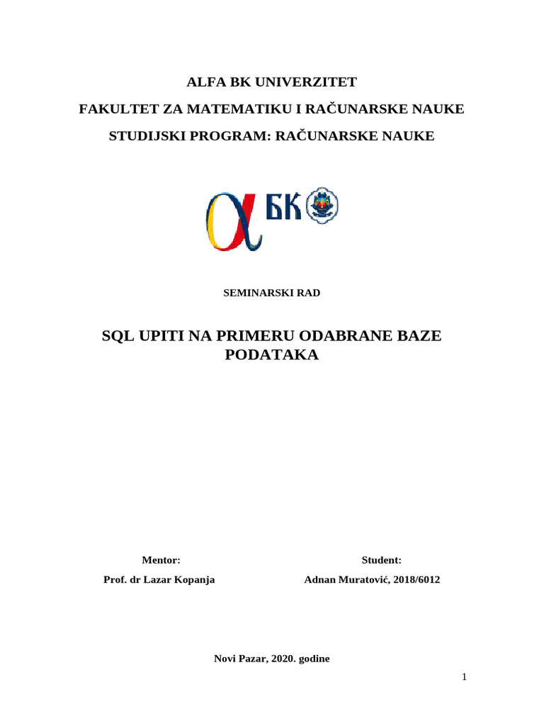 SQL UPITI NA PRIMERU ODABRANE BAZE PODATAKA | PDF