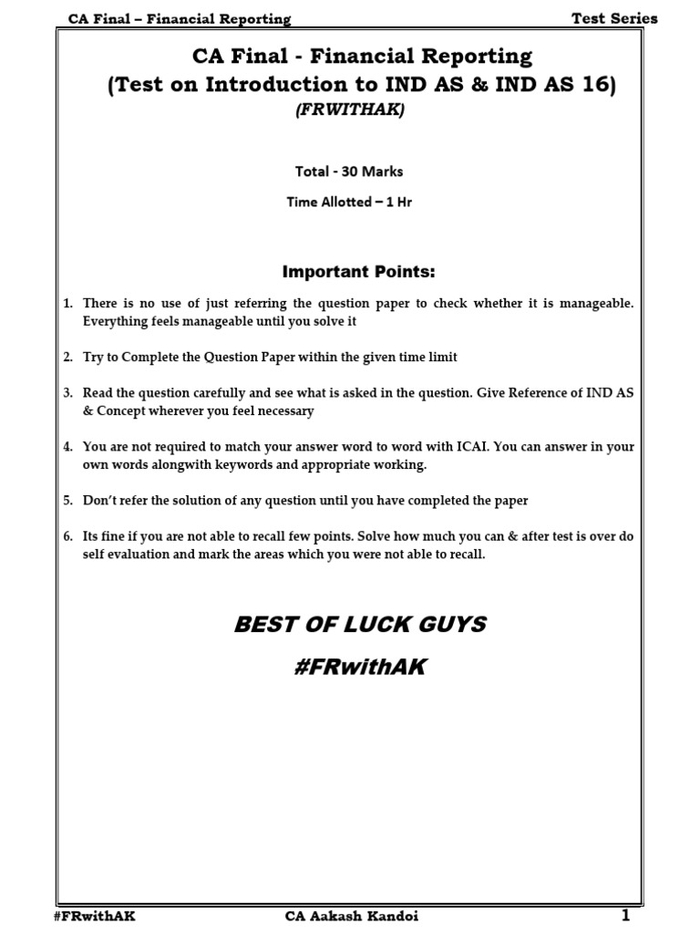 Test 1 - Intro To IND AS - IND AS 16 - Suggested Answers | PDF ...
