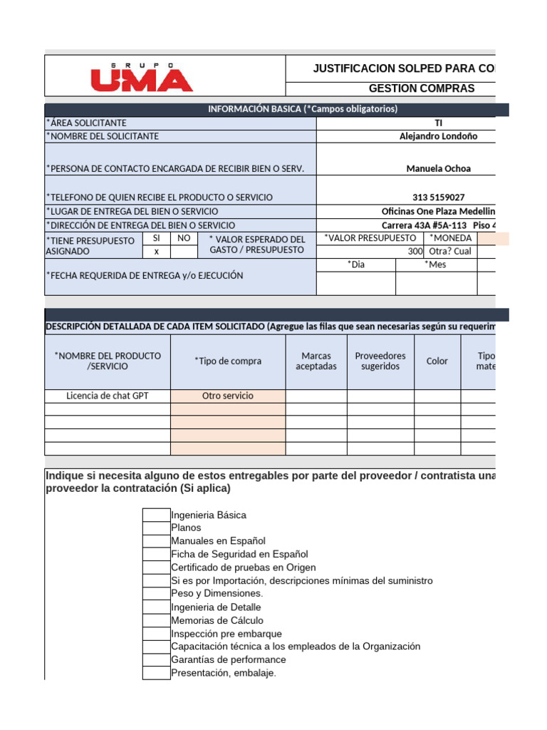 FO GC CS CO 003 Justificación SOLPED Original | PDF | Presupuesto | Moneda