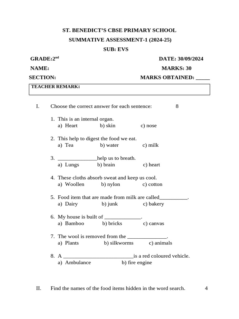 Sa 1 Evs Grade 2 (Group 2) | PDF | Textiles