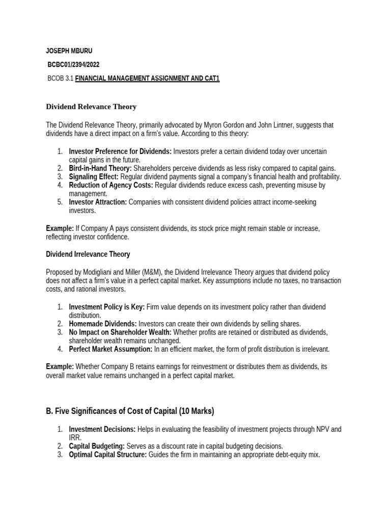 Financial Management Assignment and Cat1 | PDF | Capital Structure | Dividend