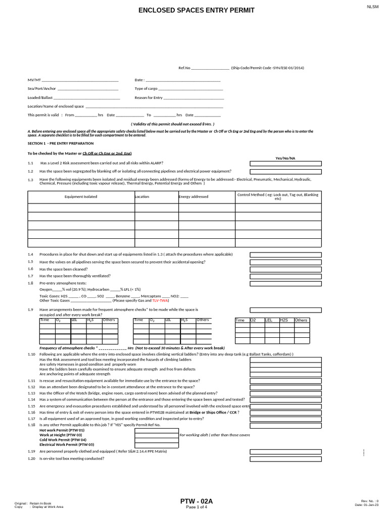 PTW 02A - Enclosed Space Entry Permit | PDF