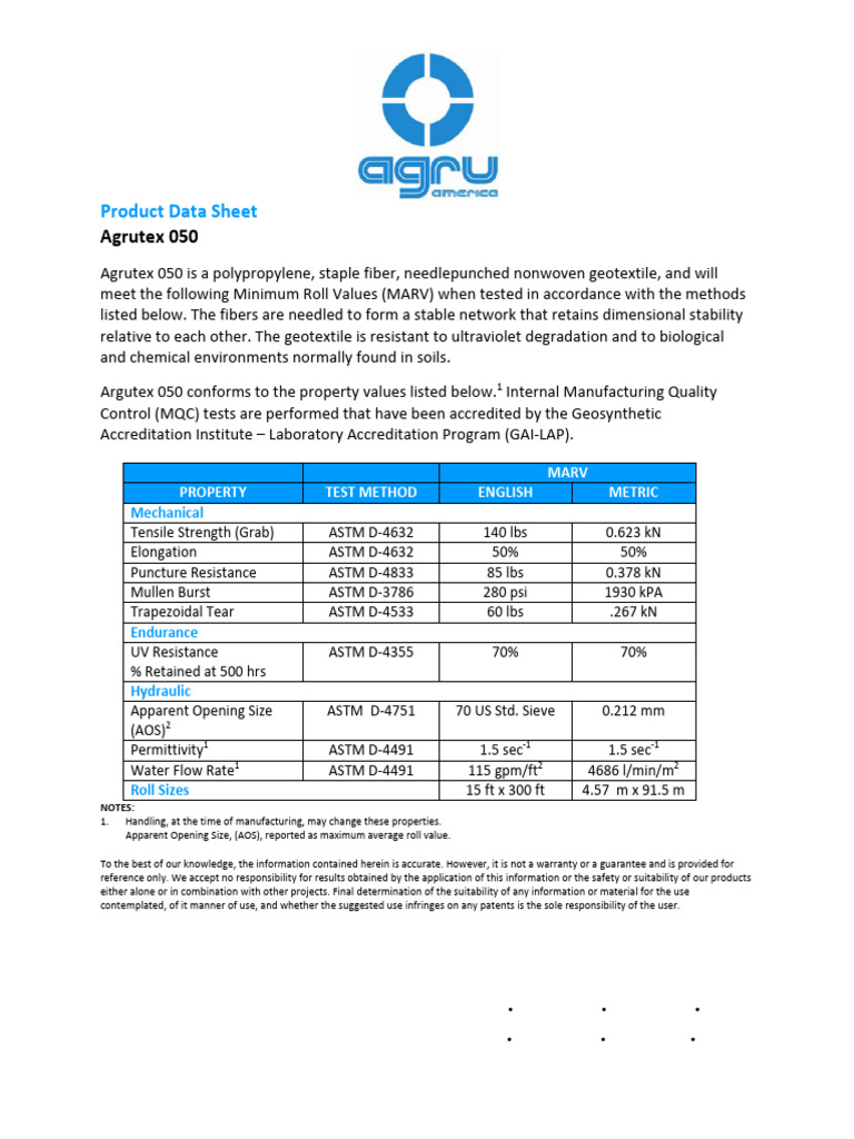 Agrutex 050 Geotextile Product Data Sheet | PDF | Materials | Building ...