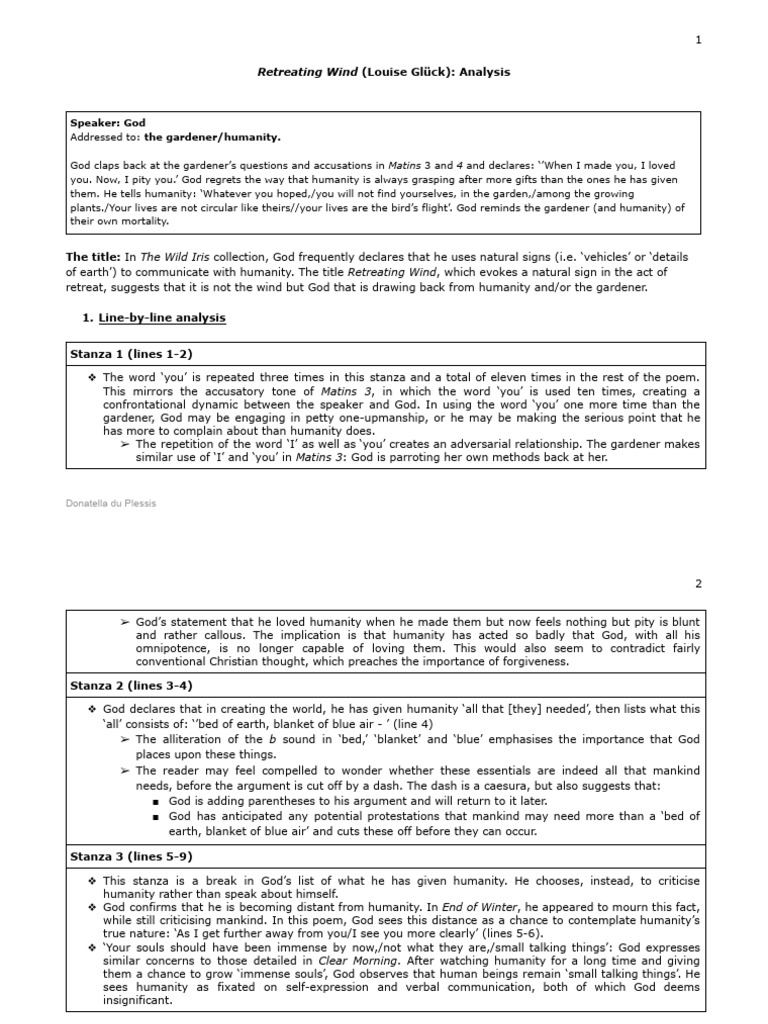 (Louise Glück) : Analysis: Retreating Wind | PDF | Poetry | God