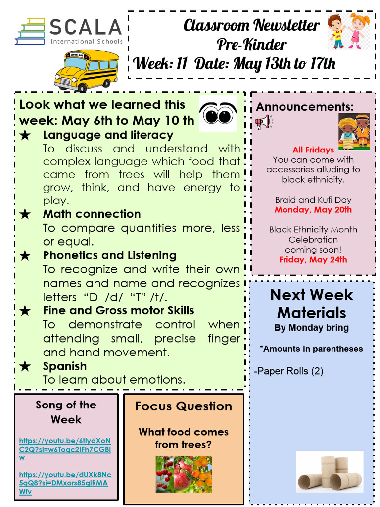 Classroom Newsletter Pre-Kinder Week: 11 Date: May 13th To 17th | PDF