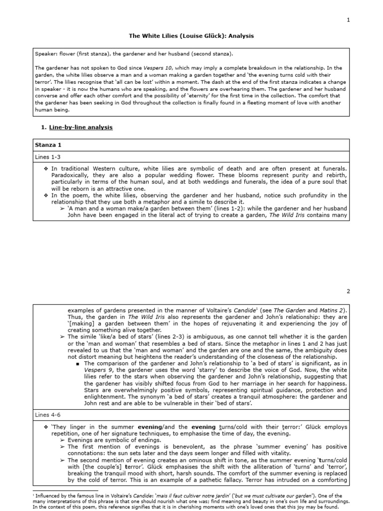 The White Lilies (Louise Glück) : Analysis: Vespers 10 | PDF | Poetry