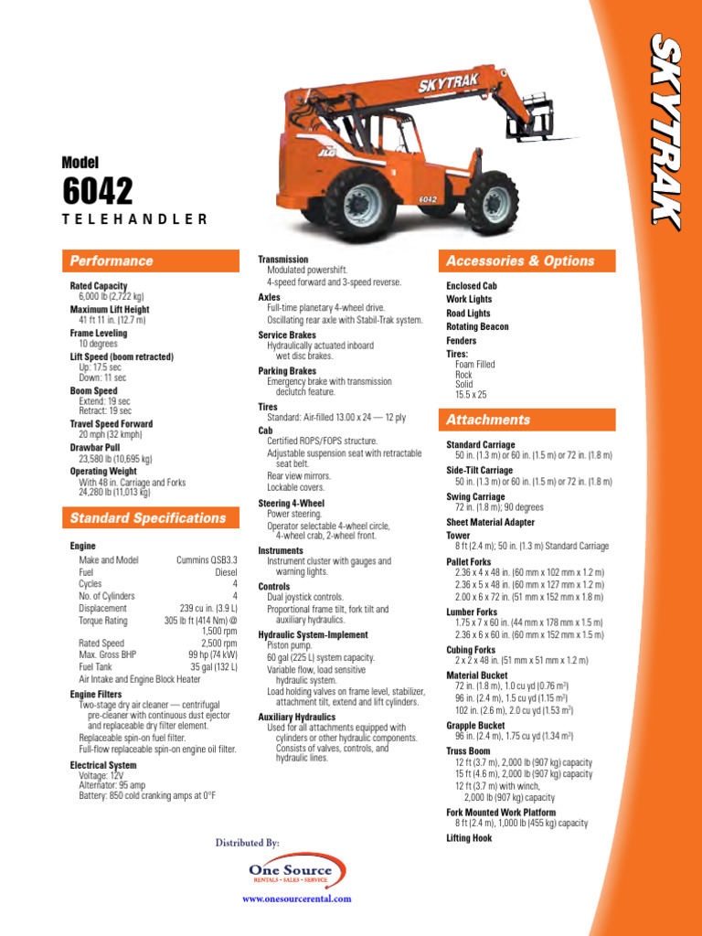 Skytrak 6042 Specs | PDF | Truck | Forklift