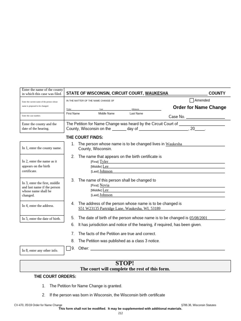 Wisconsin Name Change Order Form | PDF | Virginia Circuit Court ...