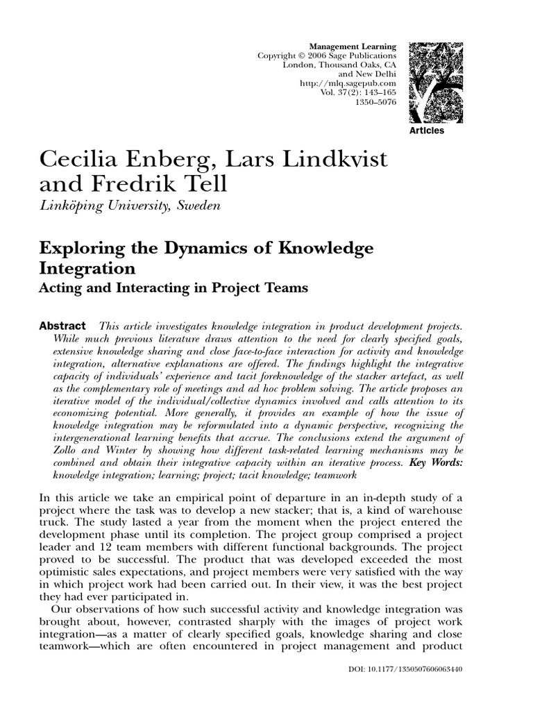 Enberg Et Al 2006 Exploring The Dynamics of Knowledge Integration ...