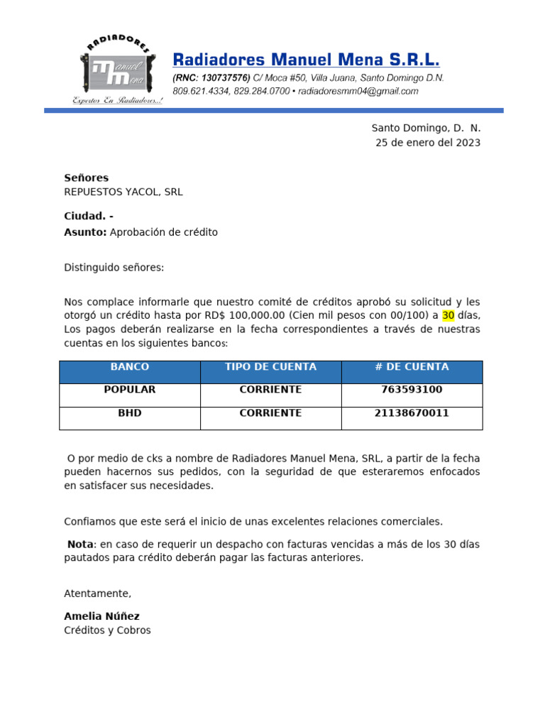 Aprobación de Crédito RD$100,000 | PDF
