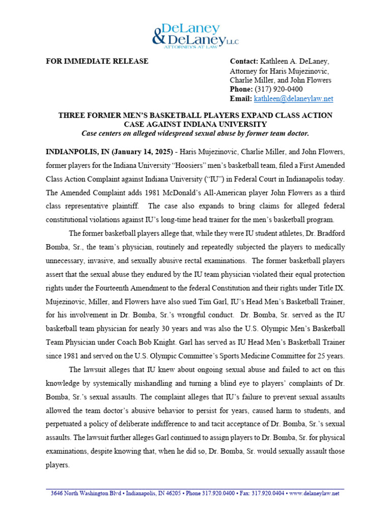 IU Class Action - Press Release Filing of First Amended Complaint 1.14. ...