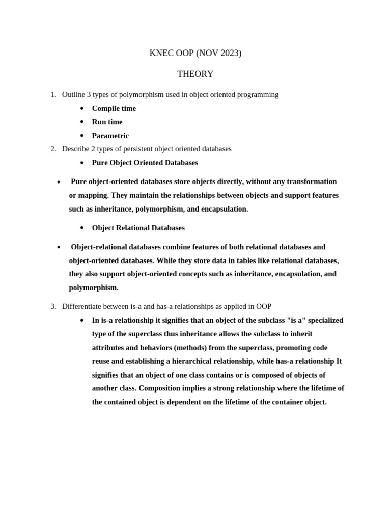 KNEC OOP Theory Notes - Nov 2023 | PDF | Inheritance (Object Oriented ...