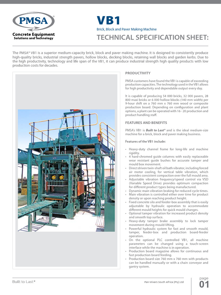 VB1 Brick Block and Paver Making Machine Spec Sheet | PDF | Brick ...