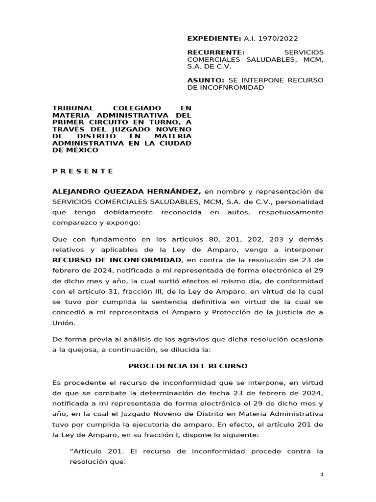 Recurso de Inconformidad en Amparo 1970/2022 | PDF | Caso de ley ...