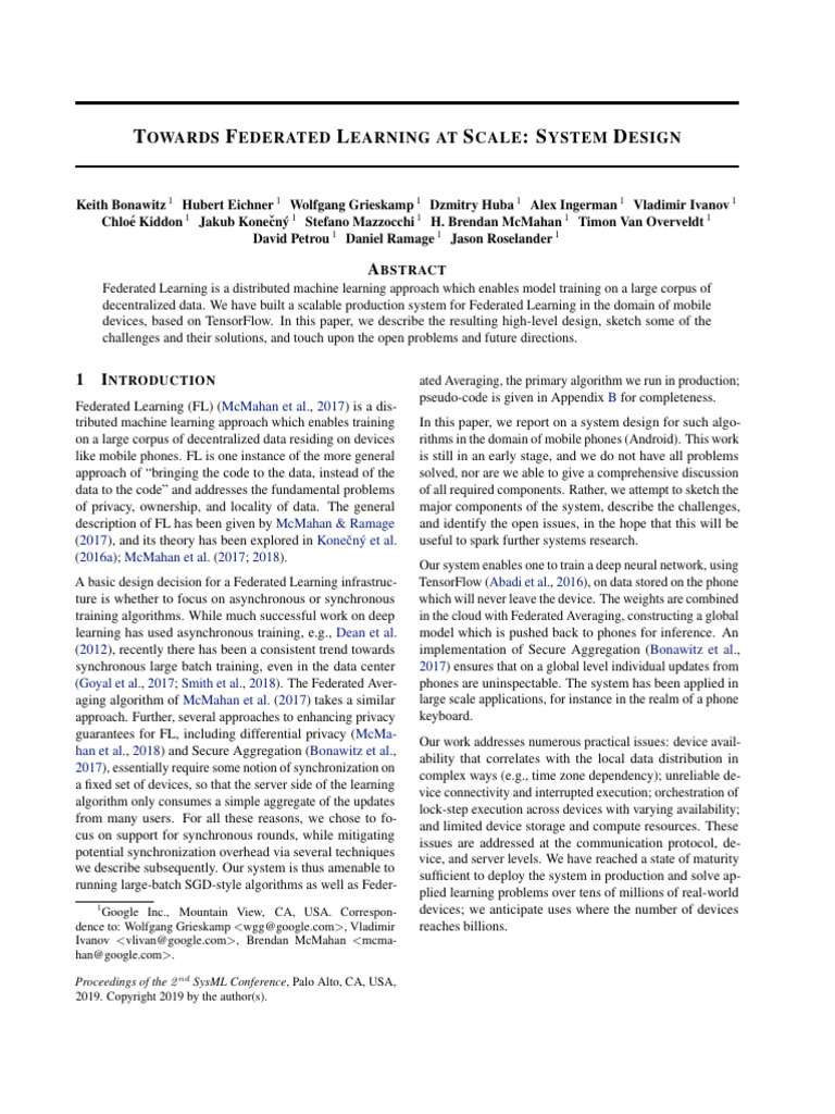 Bonawitz, Eichner Et Al 2019 - Towards Federated Learning at Scale ...