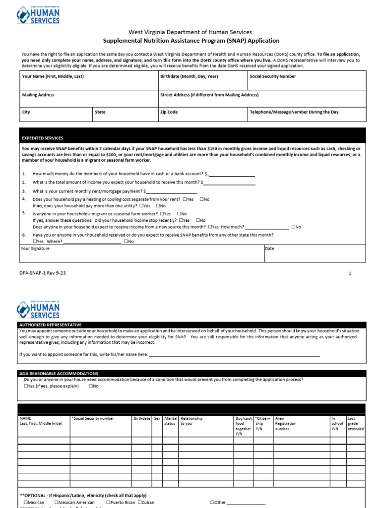 West Virginia SNAP Application Form | PDF | Supplemental Nutrition ...