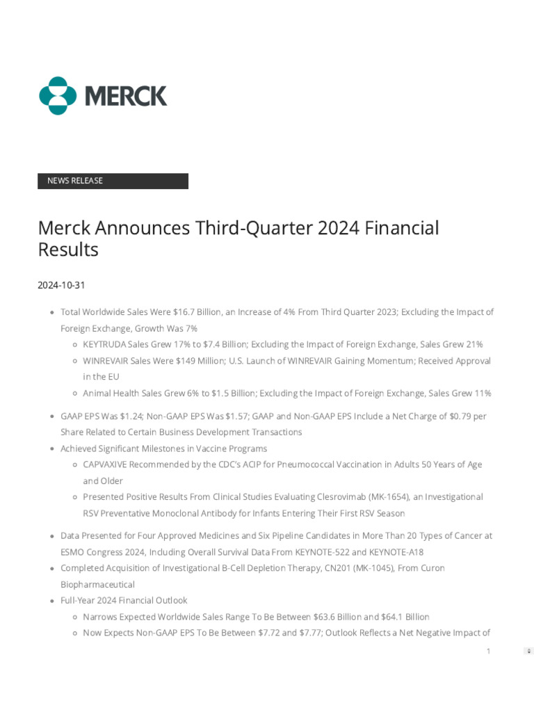 Merck Announces Third Quarter 2024 Financial Results 2024 | PDF ...