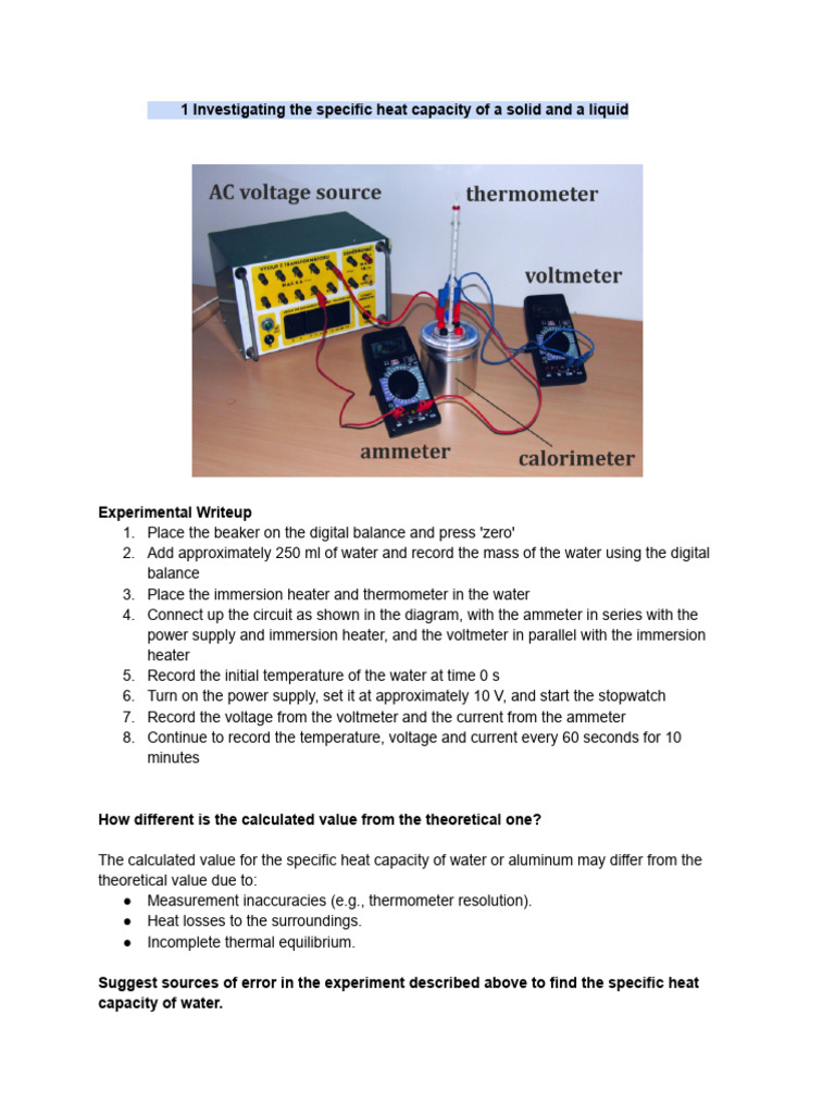 1 Investigating The Specific Heat Capacity of A Solid and A Liquid | PDF