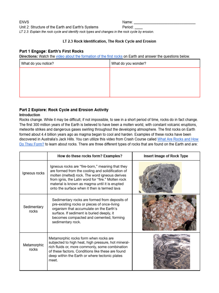 ENVS LT 2.3 Rock ID, Cycle and Erosion Activity | PDF | Rock (Geology ...