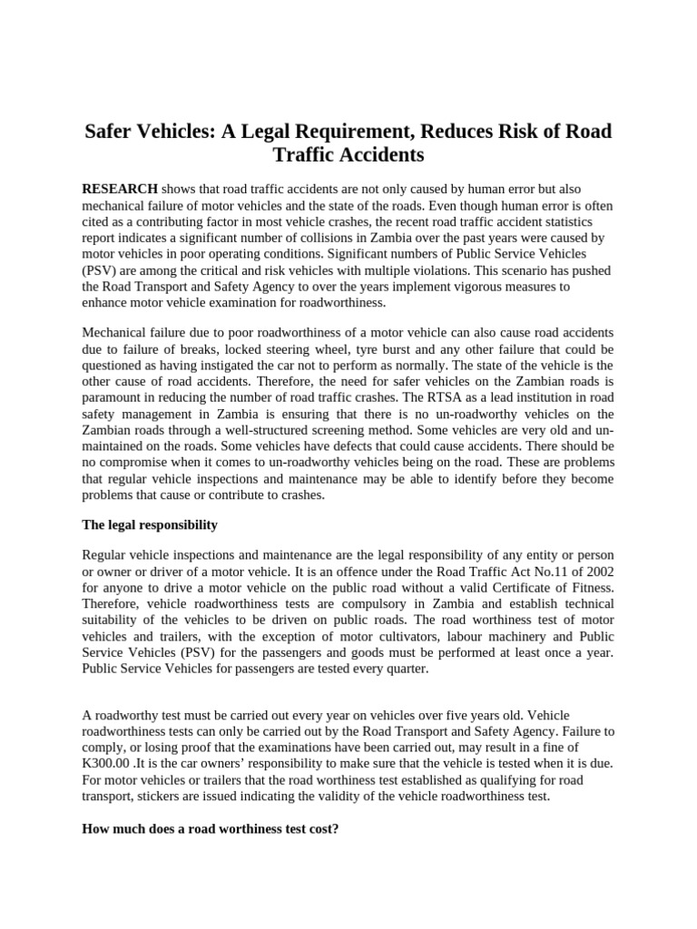 Safer Vehicles: Legal Roadworthiness in Zambia | PDF | Traffic ...
