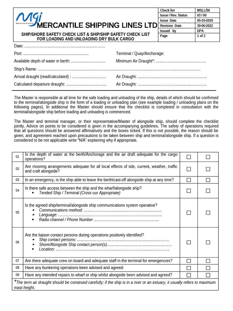 Checklist 50-Ship Shore Safety Check List & Ship-Ship Safety Check List ...