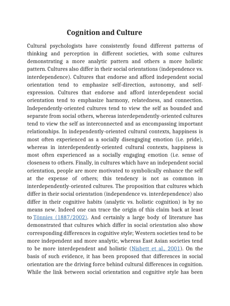 Cultural Differences in Cognition | PDF | Happiness | Cognition