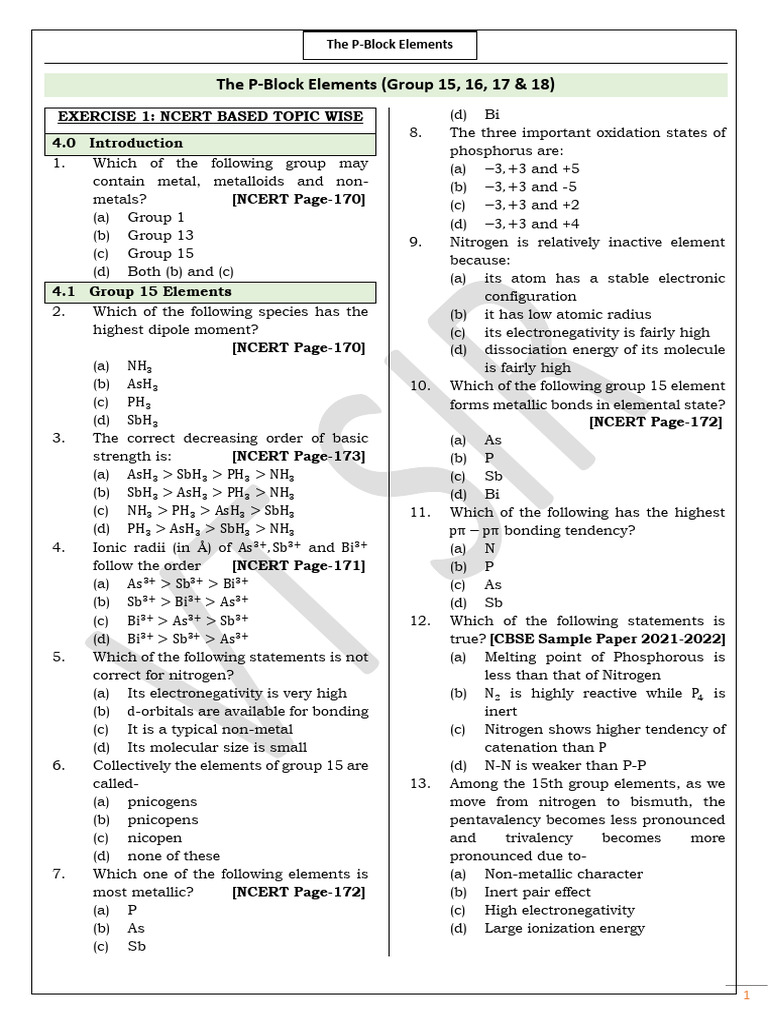 The P-Block Elements (Group 15, 16, 17 & 18) NCERT LINERS VT SIR | PDF ...