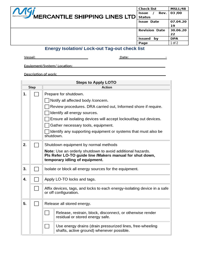 Checklist 48 Energy Isolation, Lock - Out, Tag-Out | PDF | Safety ...