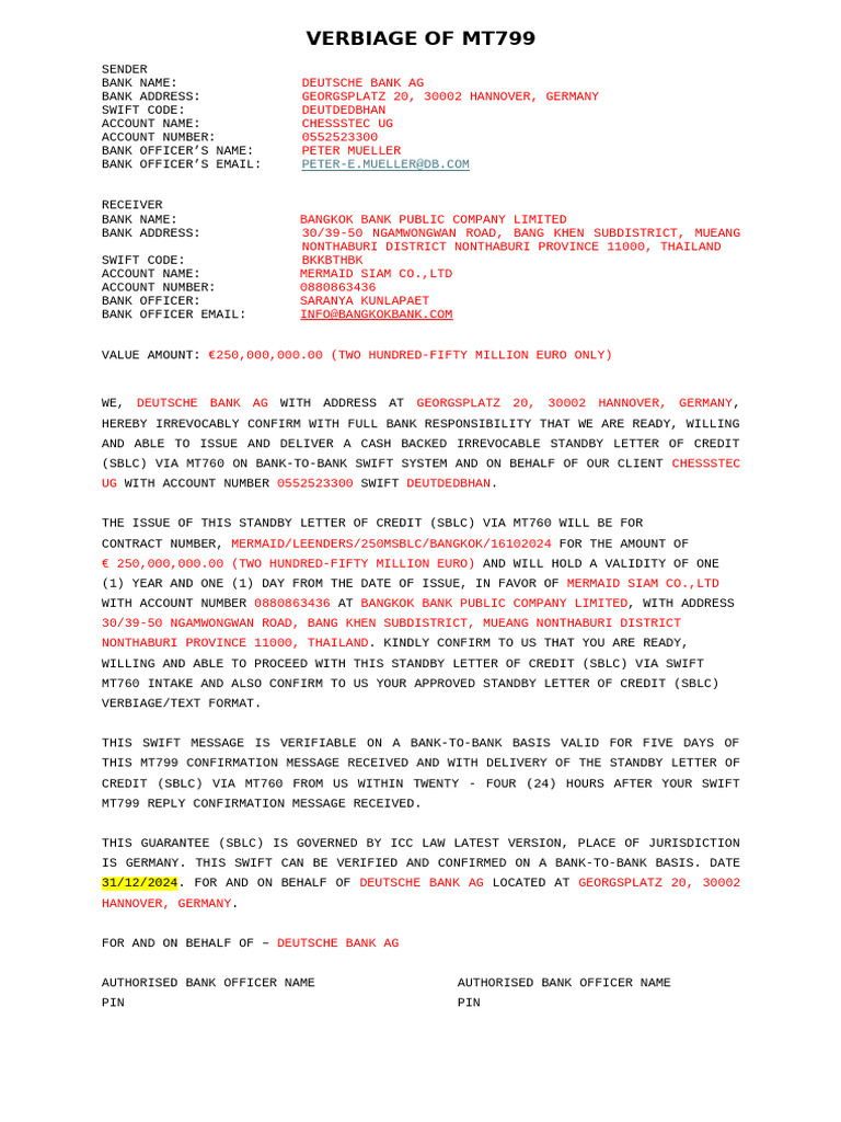 MT799 Verbiage - Bangkok Bank - Chessstec Ug | PDF | Letter Of Credit ...