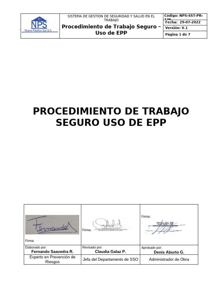 NPS-SST-PR-126-Procedimiento de Trabajo seguro-Uso de EPP_v1.0 | PDF | Business