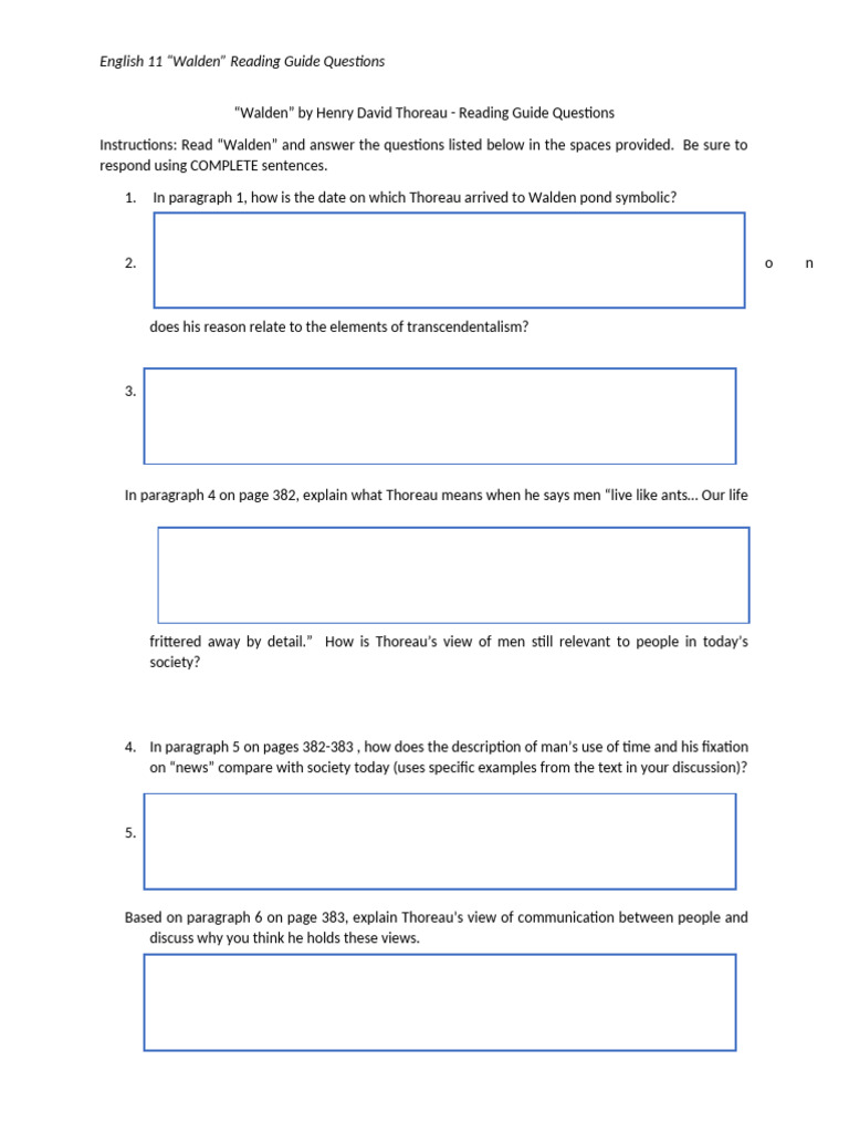 Walden Study Guide Questions | PDF