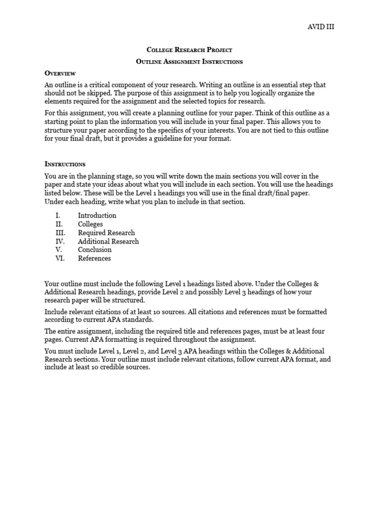 College Research Outline Assignment Instructions & Example | PDF | Citation