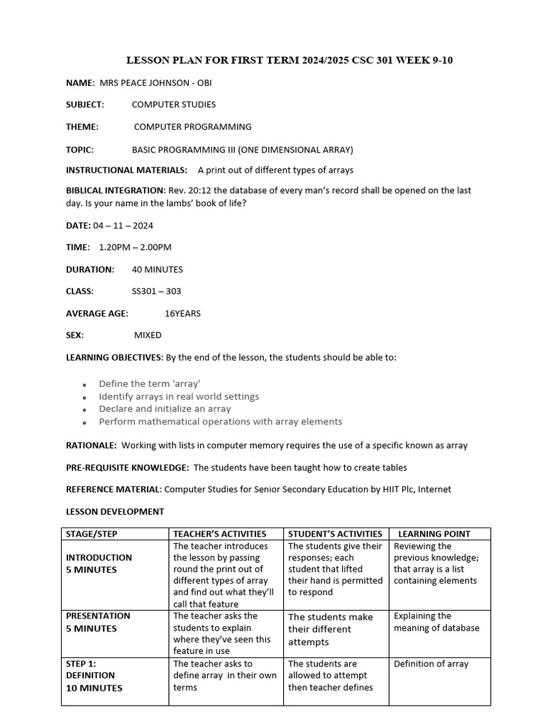 Lesson Plan For First Term 2024/2025 CSC 301 Week 9-10 | PDF | Computer ...