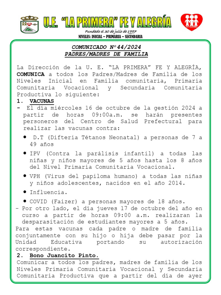 Comunicados - N 45 Padres de Familia | PDF | Medicina CLINICA | Especialidades Medicas