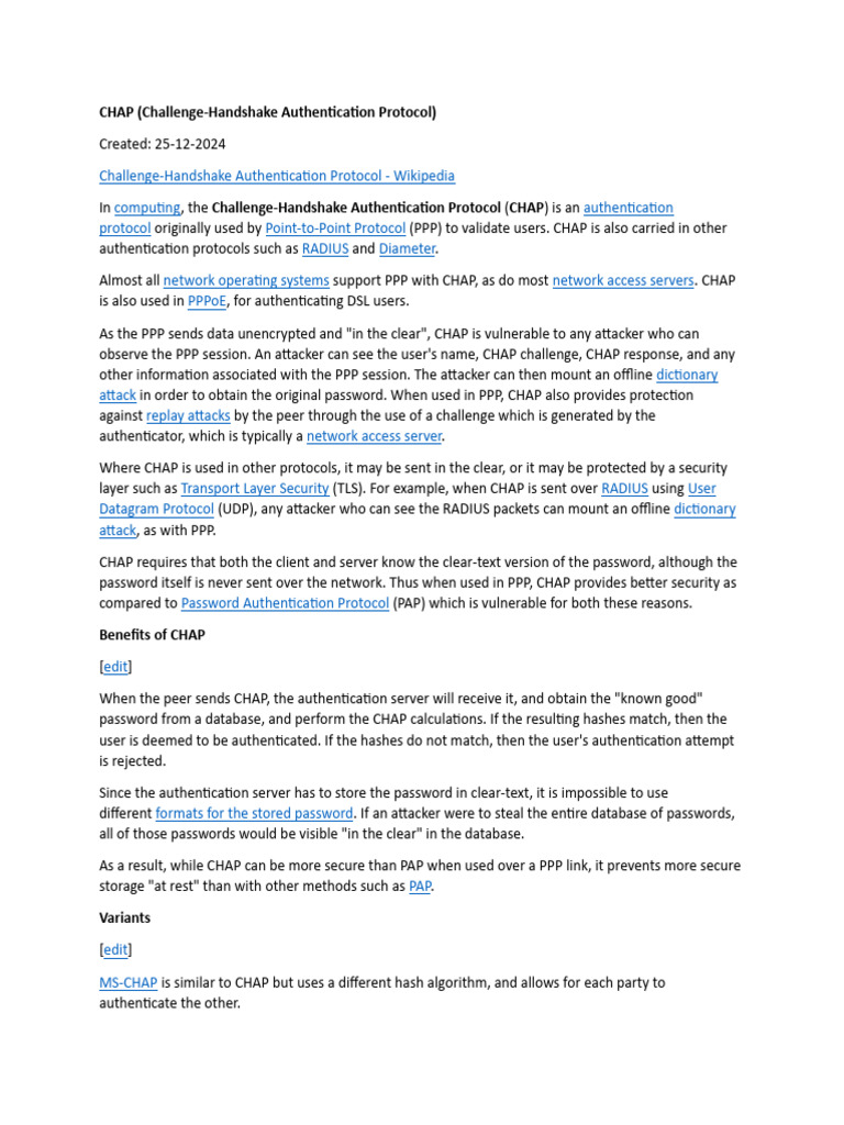 CHAP (Challenge-Handshake Authentication Protocol) | PDF | Radius ...