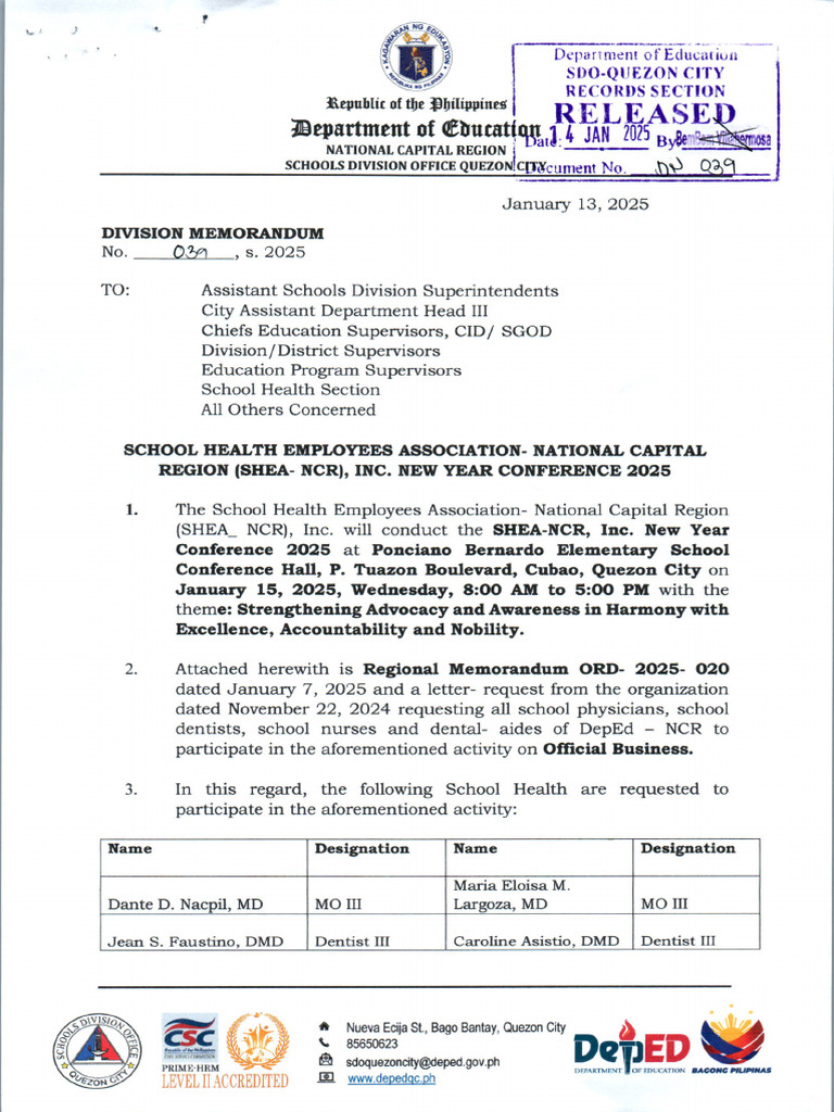 DM No. 039 S. 2025 - School Health Employees Association - National ...