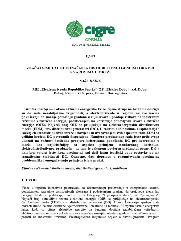 Značaj Simulacije Ponašanja Distributivnih Generatora Pri Kvarovima U ...