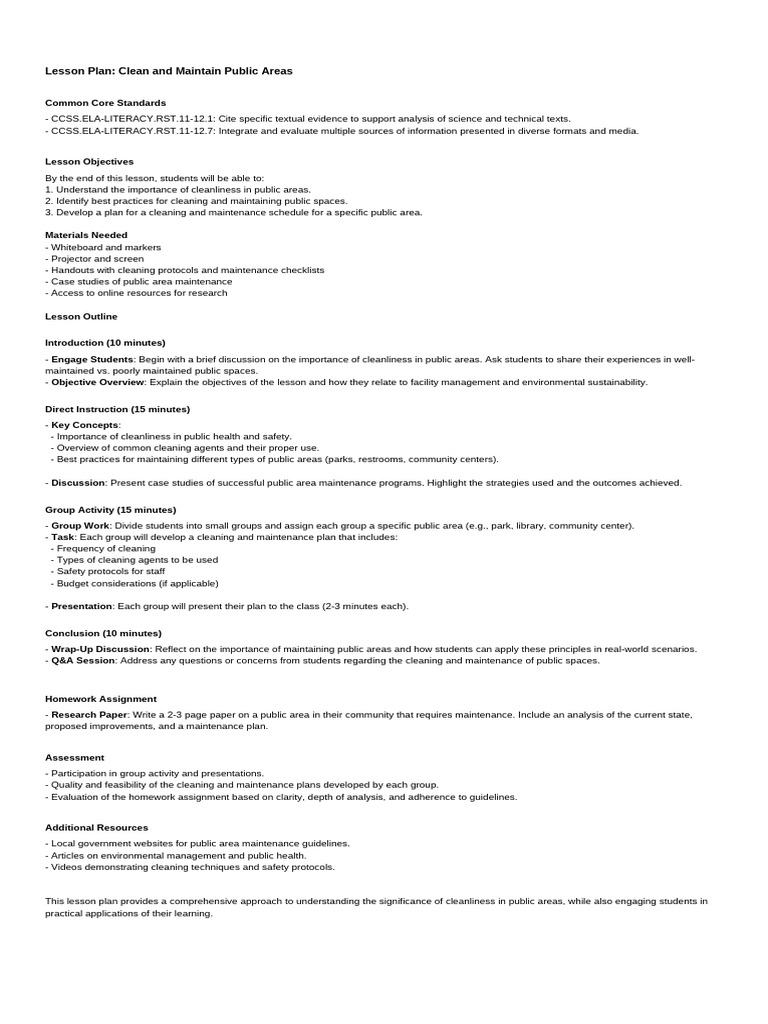 Clean and Maintain Public Areas | PDF | Lesson Plan | Evaluation