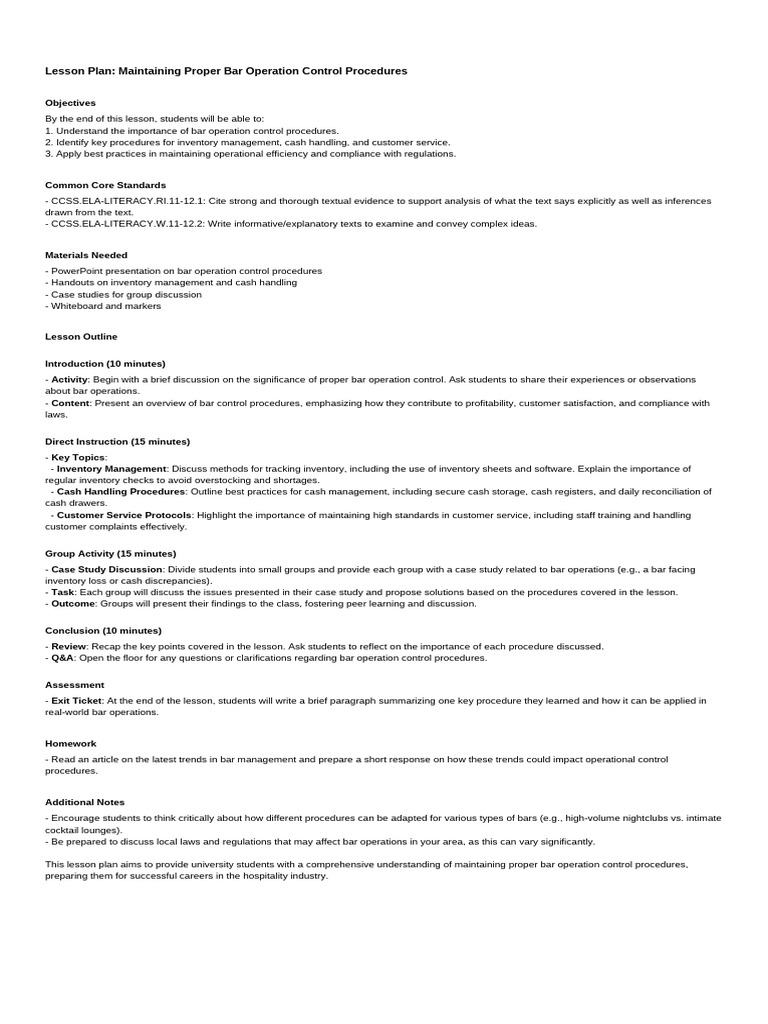 Maintaining Proper Bar Operation Control Procedures | PDF | Lesson Plan ...