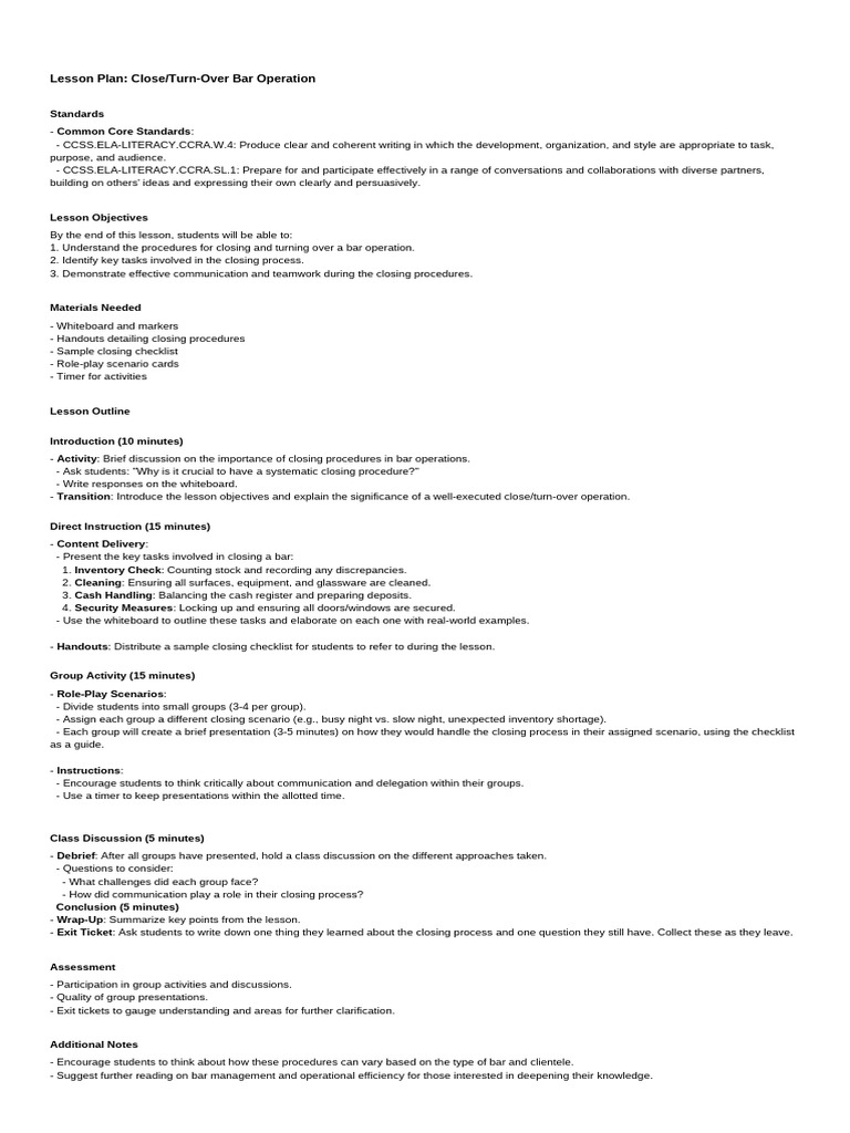 Bar Closing Procedures Lesson Plan | PDF | Learning | Human Communication