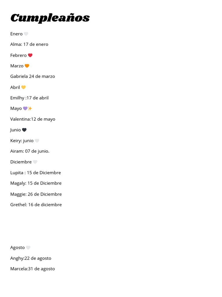 Fechas de Cumpleaños por Mes | PDF