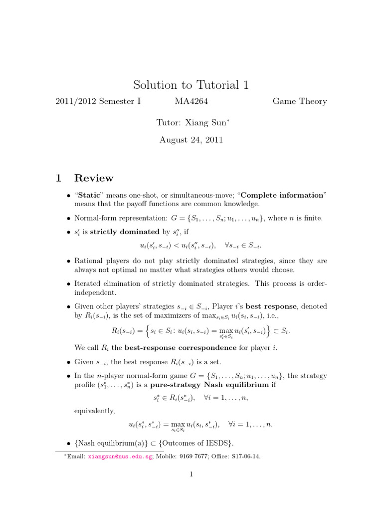 MA4264 Game Theory Tutorial Solutions | PDF | Mathematical And ...
