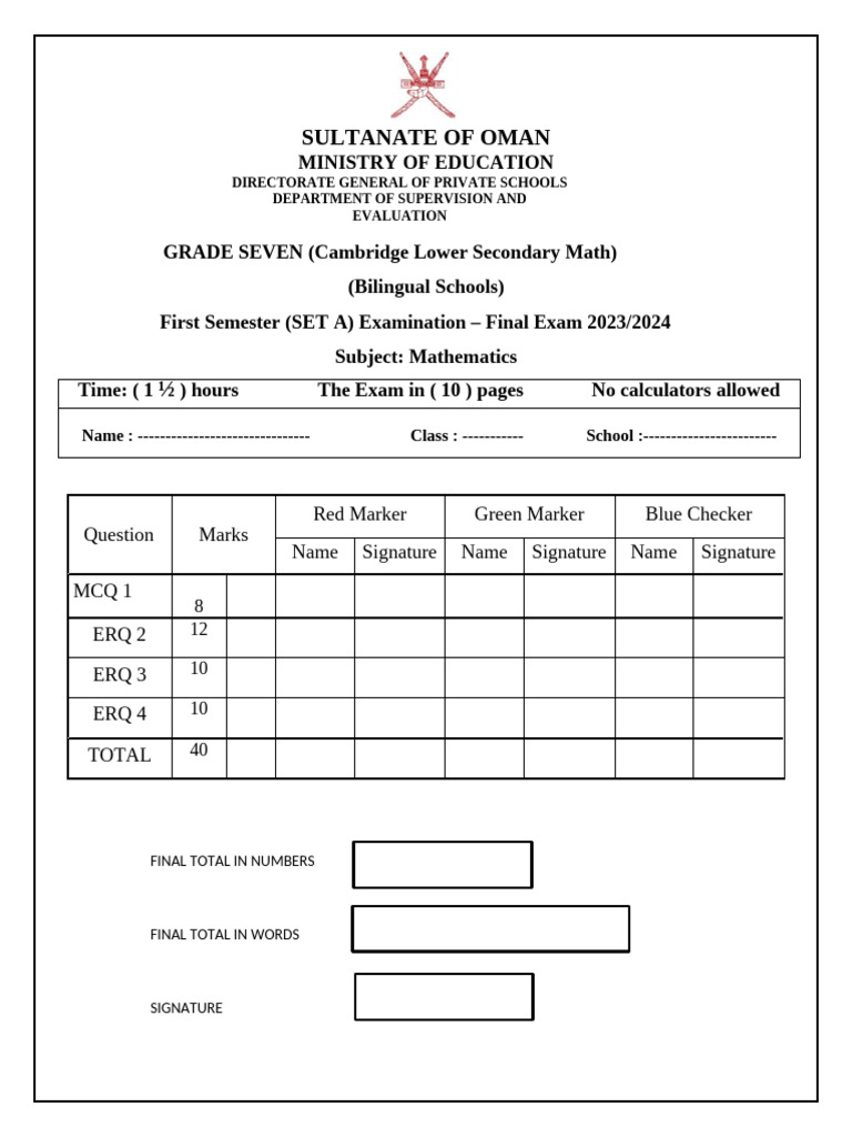 Grade 7 Math Exam Set A 2023/2024 | PDF | Circle | Multiple Choice