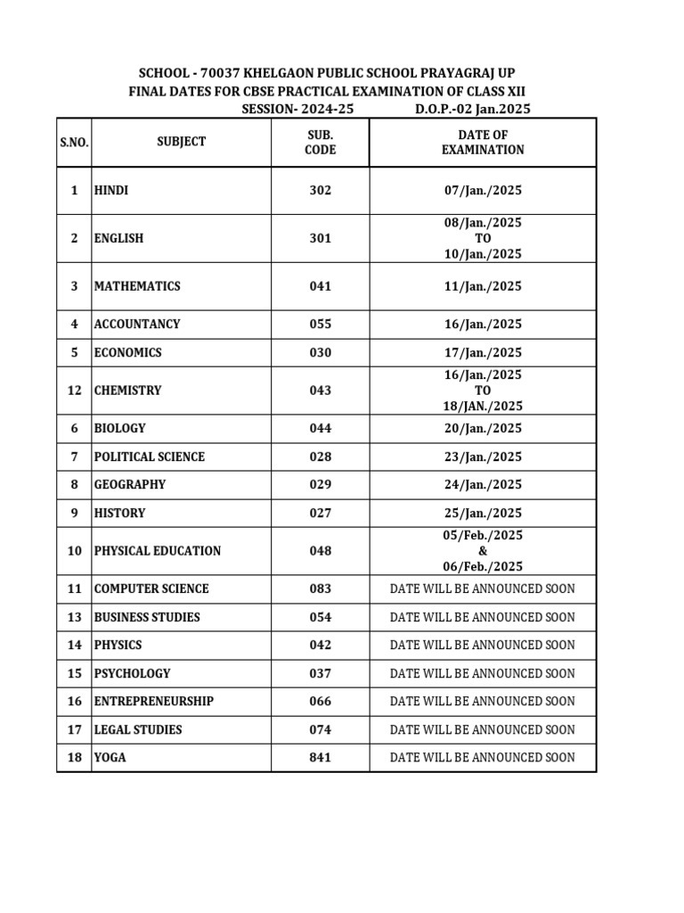 Final Practical Exam Date Sheet - Xii 2024-2025 - For Students | PDF