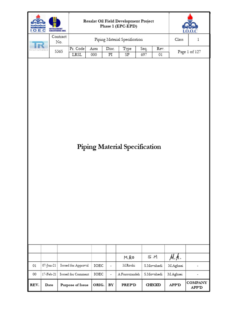 LRSL 000 PI SP 697 01 Piping Material Specification | PDF | Pipe (Fluid ...