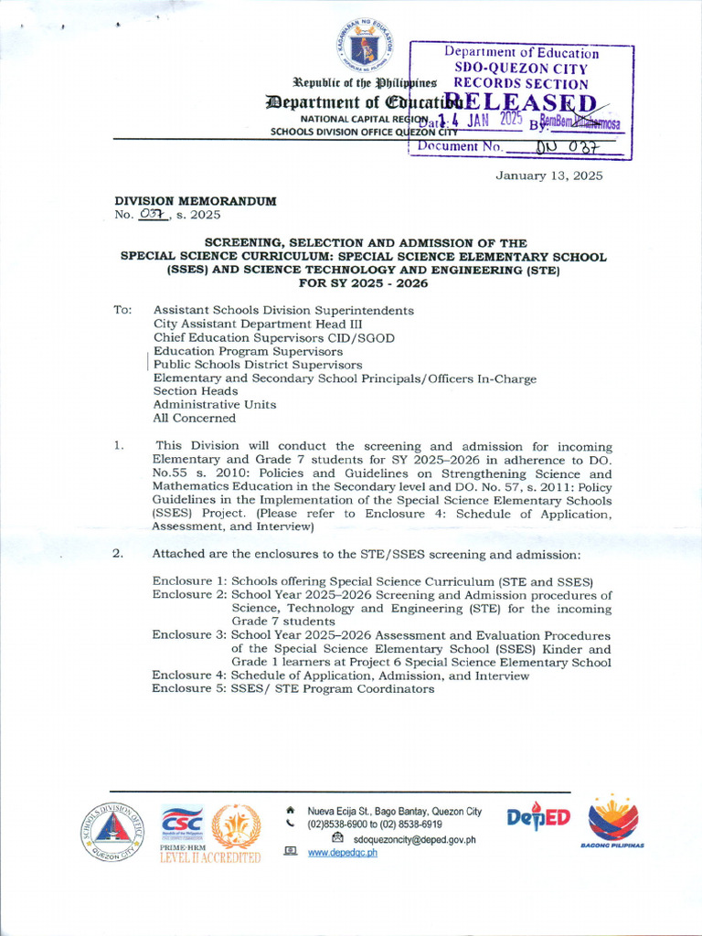 DM NO. 037 S. 2025 - SCREENING, SELECTION AND ADMISSION OF THE SPAECIAL SCIENCE CURRICULUM ...