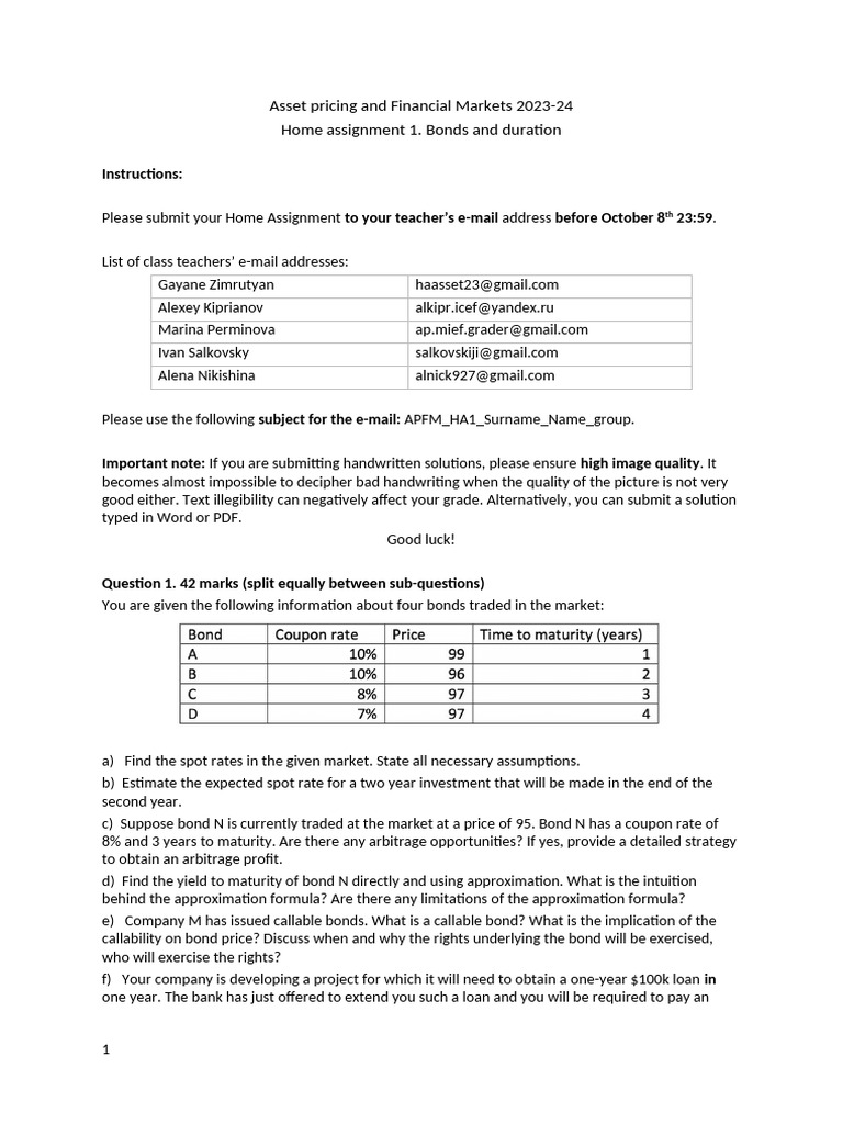 HA1. Bonds and Duration Task | PDF | Bonds (Finance) | Bond Duration