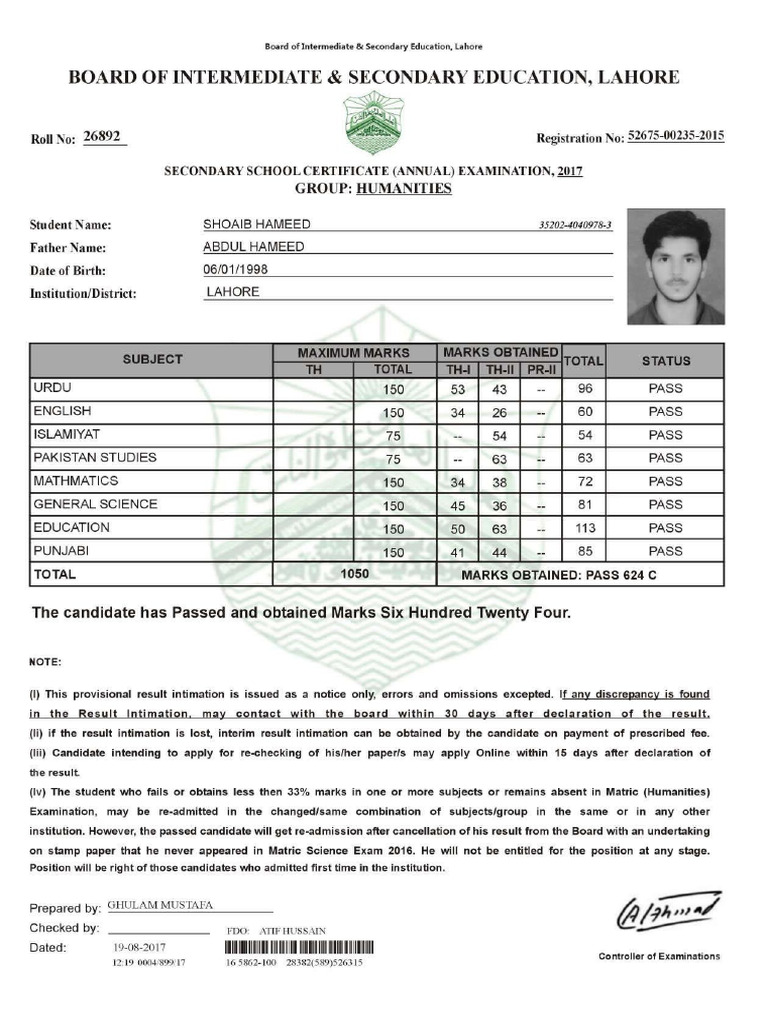 648606855-Matric-Result-Card | PDF