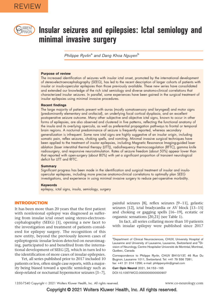Insular Seizures and Epilepsies Ictal Semiology.3 | PDF | Insular ...